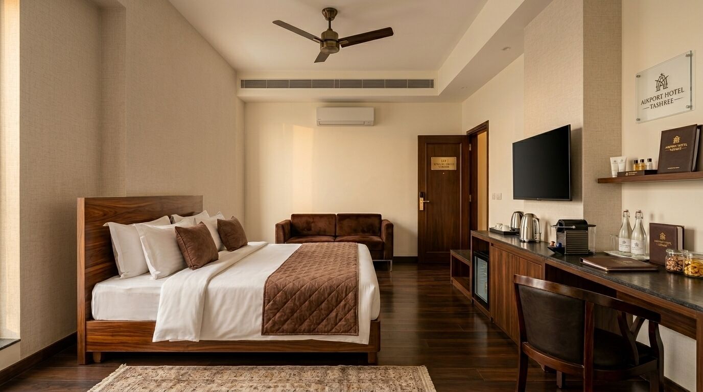 Quarto de hotel com cama, escrivaninha, televisão e ventoinha no teto.
