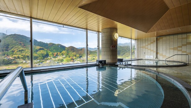 Piscina com vista para colinas verdes e paisagem urbana.