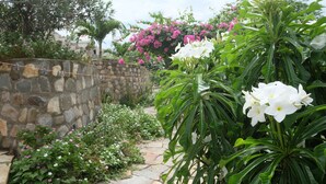 Um jardim com muros de pedra, plantas floridas e um caminho.