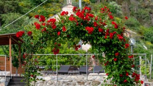 Uma trilha de pedra leva a um arco de madeira decorado com flores vermelhas, cercado por vegetação e um muro de pedra.