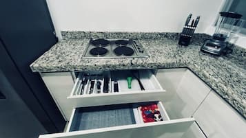 Apartamento luxo | Cozinha privada | Geladeira, micro-ondas, fogão, chaleira elétrica