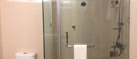 Boxe de chuveiro envidraçado com chuveiro manual, porta-toalhas e vaso sanitário com lixeira ao lado.