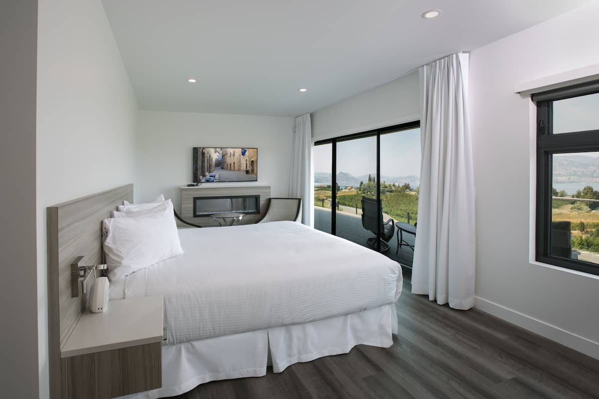 Quarto, 1 cama king-size, vista para o lago | Minibar, com mobília individualizada, cortinas/cortinados opacos