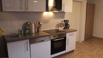 Apartamento, 1 quarto, no rés do chão | Cozinha privada | Um frigorífico, um micro-ondas, uma placa de cozinha