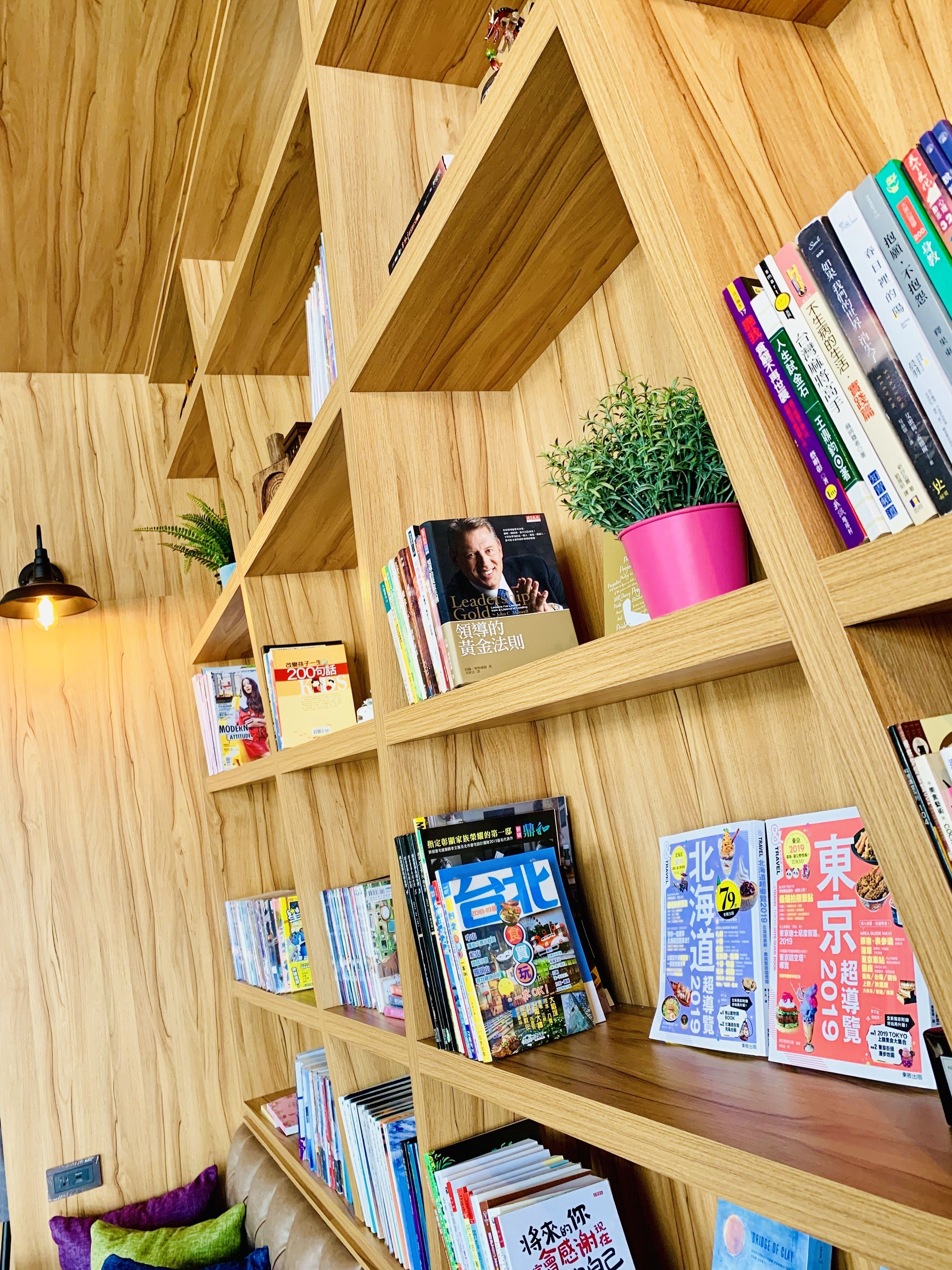 Uma estante de madeira com diversos livros e revistas, uma pequena planta em vaso e um abajur.