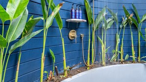 Casa de banho com paredes azuis, chuveiro, plantas e artigos de higiene num armário.