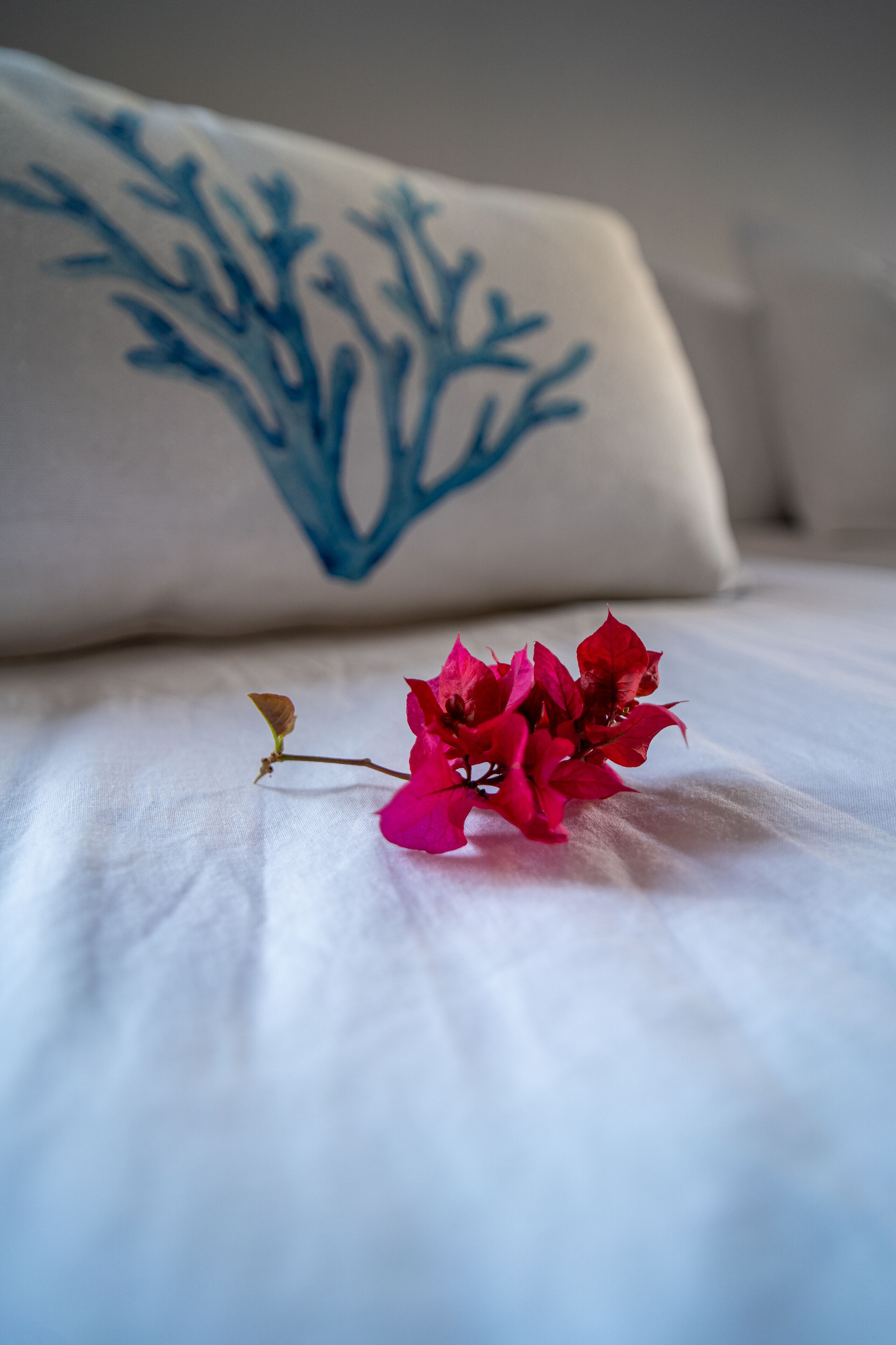 Uma cama com lençol branco e almofada com desenho de árvore azul.