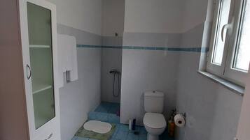 Uma casa de banho pequena com sanita, bidé e cabine de duche. Há um armário com espelho e um porta-toalhas.