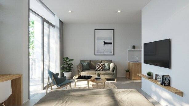 Uma sala de estar moderna com sofá, mesa de centro e televisão.