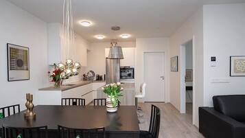 Apartamento Deluxe, 2 quartos | Cozinha privada | Um frigorífico/congelador grande, um micro-ondas, um forno