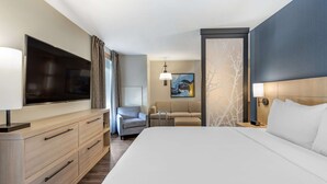 Quarto de hotel com uma cama grande, televisão de tela plana, sofá, uma mesa pequena e um quadro na parede.