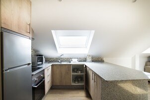 Apartamento, 1 quarto (2) | Cozinha privada | Um frigorífico/congelador grande, um micro-ondas, um forno 