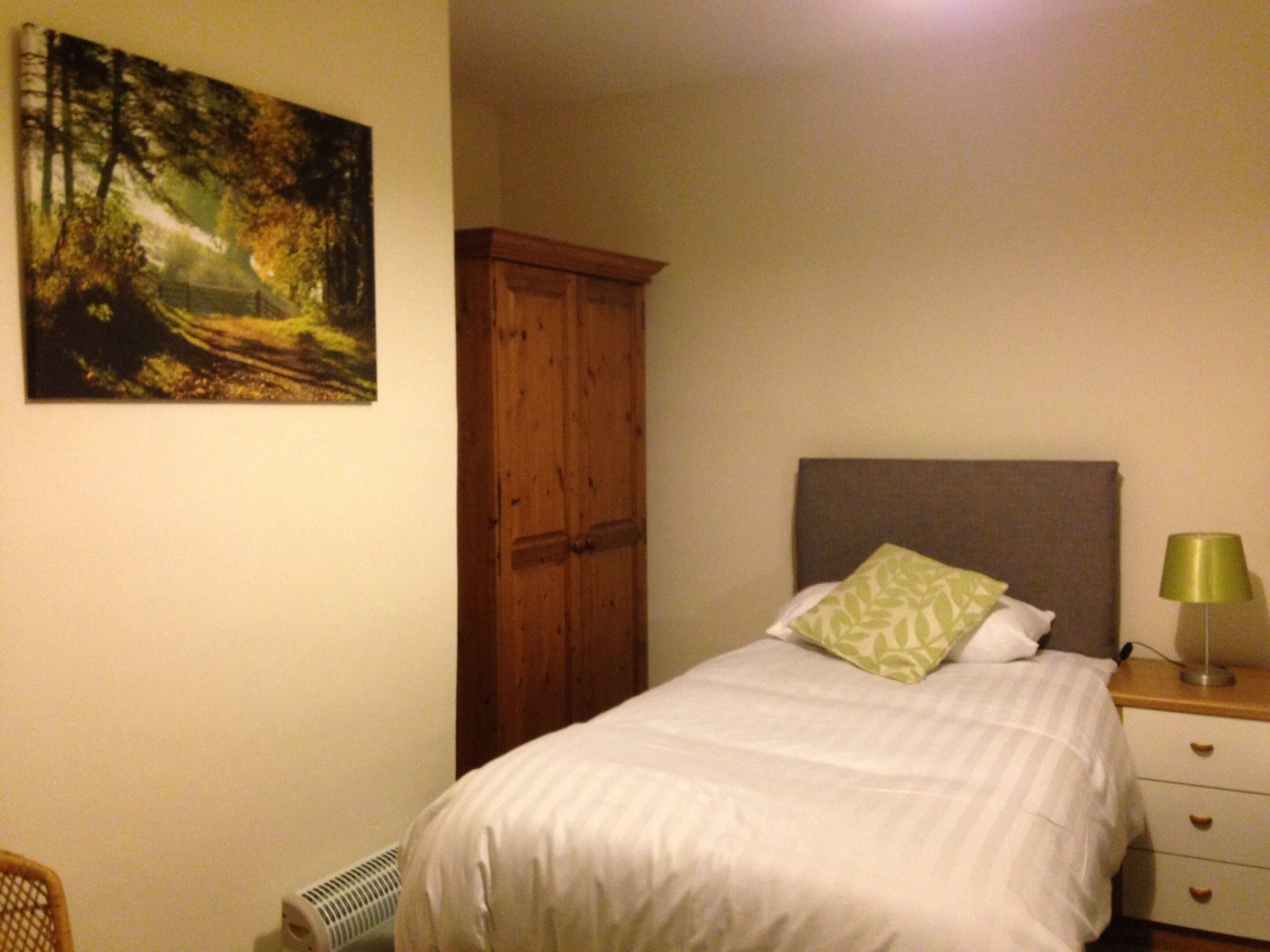 Quarto com cama, mesa de cabeceira, abajur, guarda-roupa de madeira e um quadro na parede.