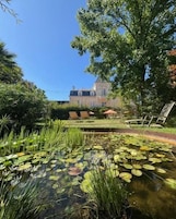 Um lago tranquilo com folhas de nenúfar rodeado por vegetação exuberante, um edifício de pedra com telhado inclinado ao fundo, e um céu azul límpido.