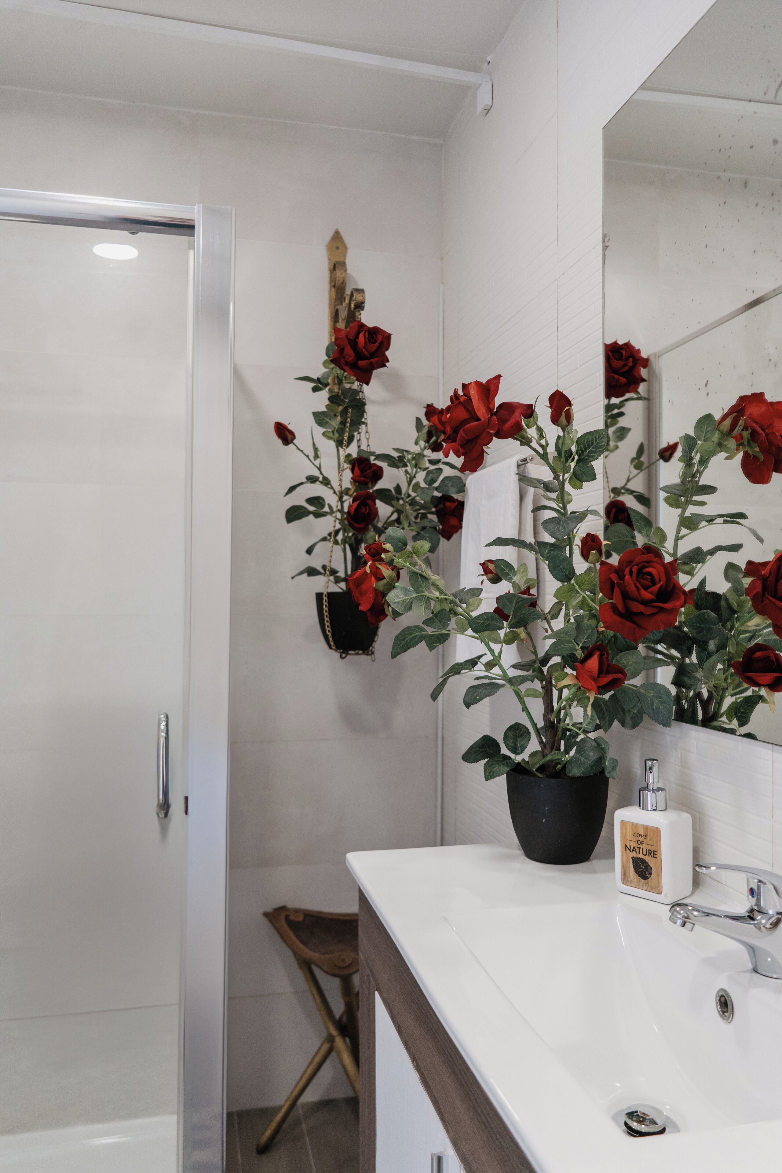 Casa de banho com lavatório branco, espelho, planta em vaso com flores vermelhas e zona de duche.