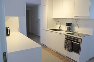 Apartamento Standard | Cozinha privada | Um frigorífico, um micro-ondas, um forno, uma placa de cozinha 