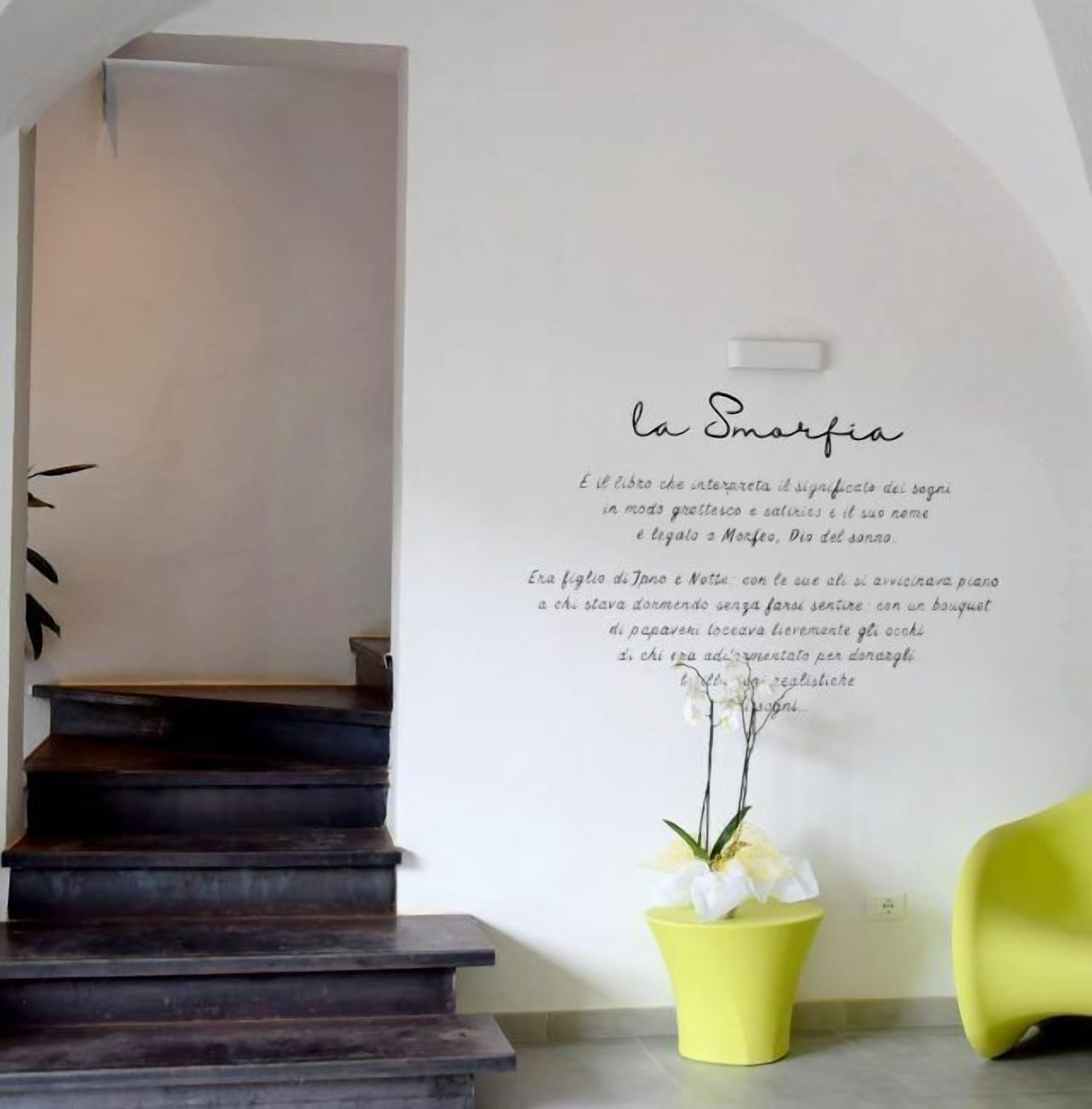 Uma escadaria leva a um quarto com uma placa afixada na parede que diz “la Smorfia” em italiano, indicando uma referência cultural ou literária.