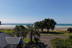 Zona residencial com vista para a praia, uma rua e uma grande árvore.