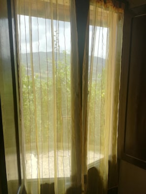 Janela com cortinas leves, vista para o verde lá fora e parte do interior de um quarto.