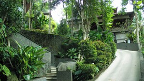 Um caminho leva a um edifício rodeado por vegetação exuberante e degraus de pedra.