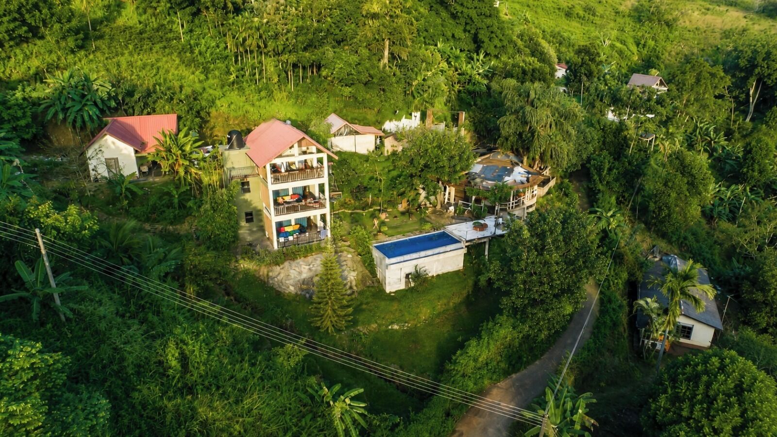 Vista aérea de um bairro residencial com várias casas cercadas por vegetação densa.