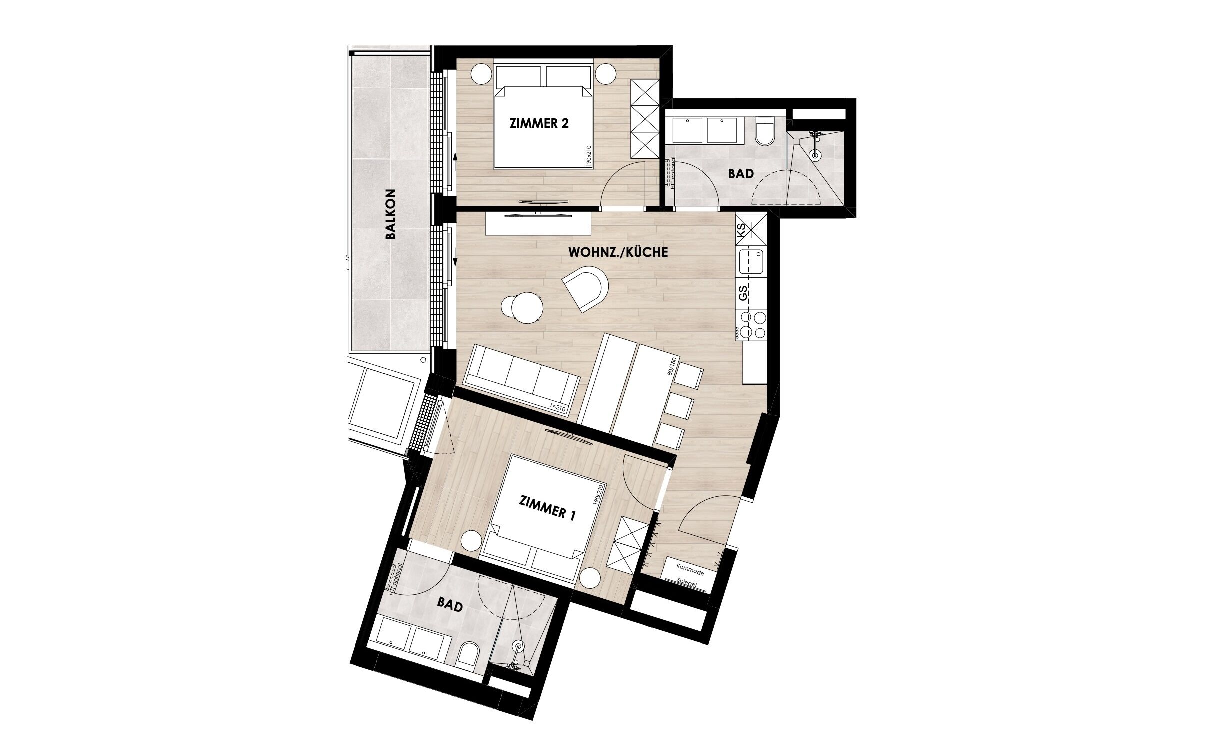 Planta baixa de um hotel com dois quartos, um banheiro, uma cozinha e uma varanda.