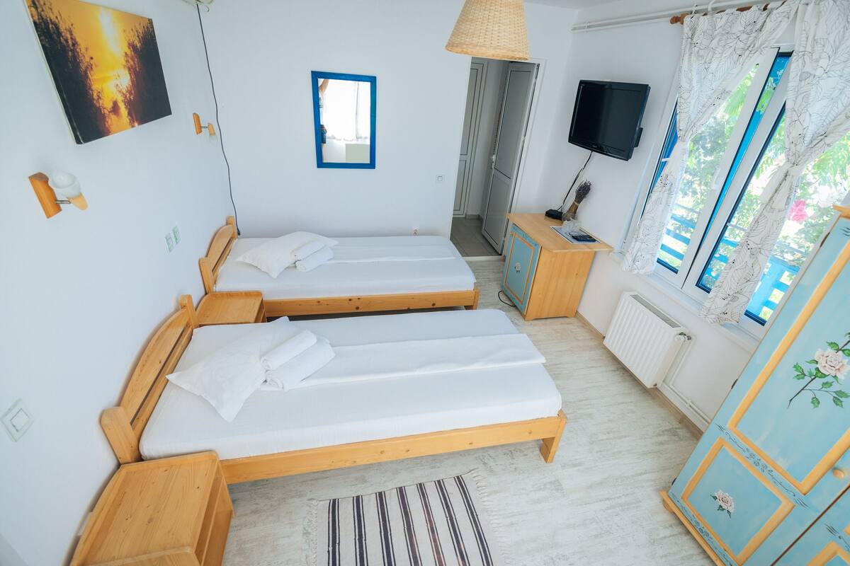 Quarto com duas camas de madeira, televisão, janela com cortinas e radiador.