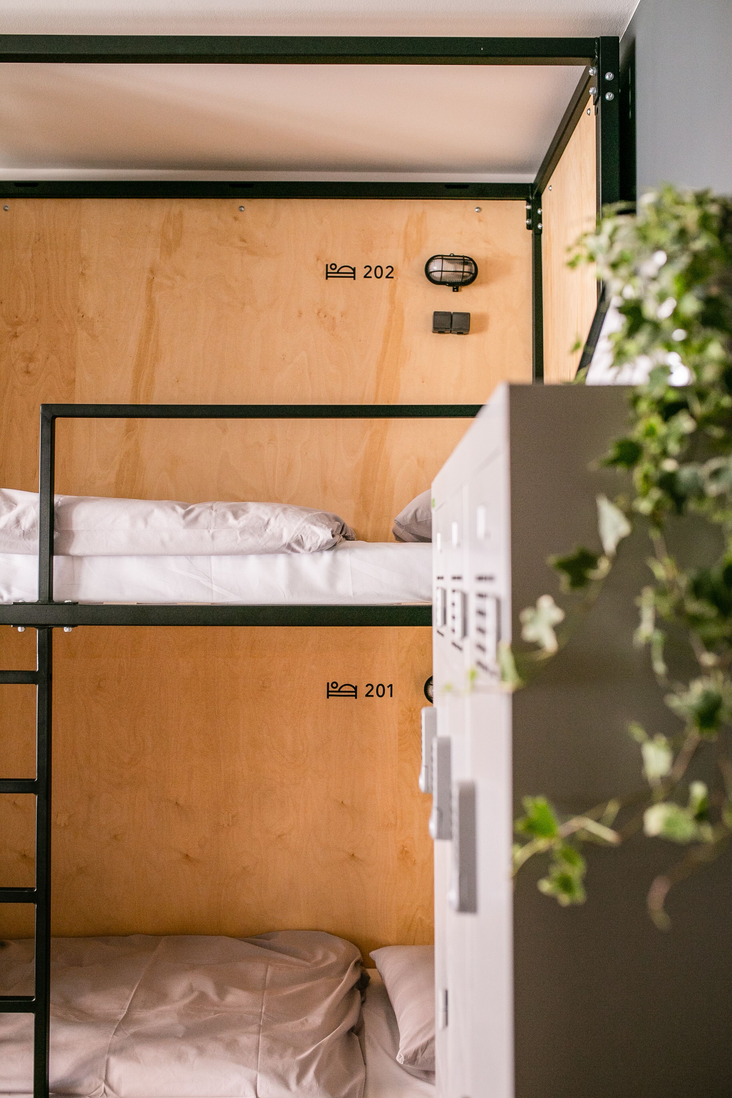 Uma cama beliche com dois níveis, cada um deles identificado com um número.