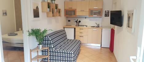 Apartamento, 1 quarto | Kitchenette privada | Um frigorífico/congelador grande, um micro-ondas, uma placa de cozinha