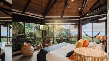 Quarto Premium, cozinha, vista para o oceano | Roupa de alta qualidade, camas de colchão pillowtop, cofre no quarto 