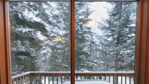 Um deck de madeira com uma churrasqueira e uma mesa, com vista para uma floresta nevada.