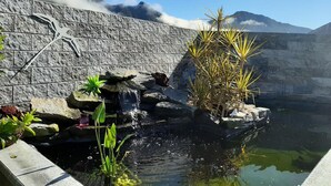 Pequeno elemento decorativo com água, pedras e plantas, em frente a uma parede de pedra e com montanhas ao fundo.