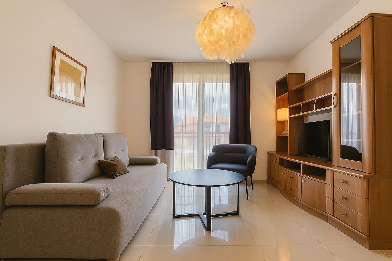 Uma sala de estar moderna com sofá, poltrona, mesa de centro, aparador para TV e uma grande janela com cortinas.