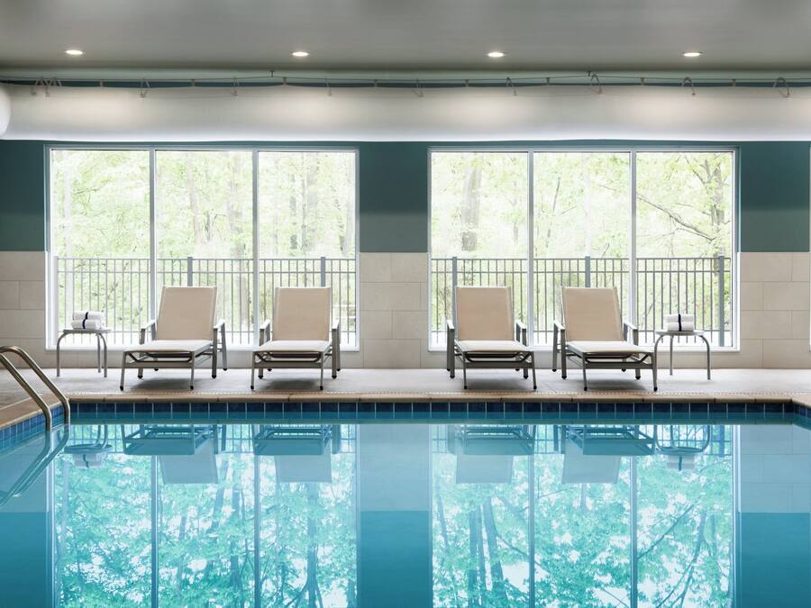 Área de piscina com quatro espreguiçadeiras e piscina.
