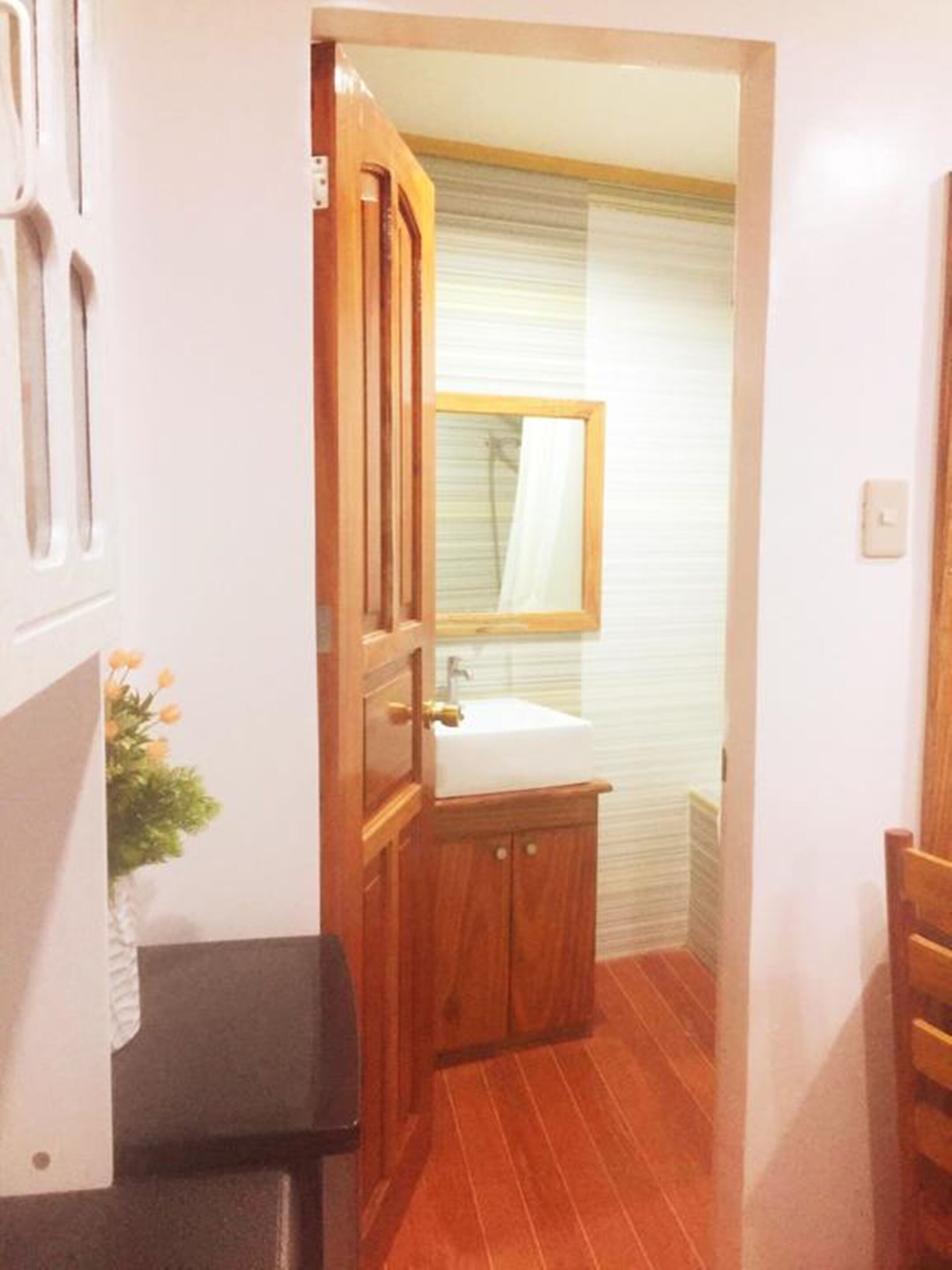 Um corredor estreito com uma porta de madeira, uma pia pequena com um espelho e um vaso de planta.