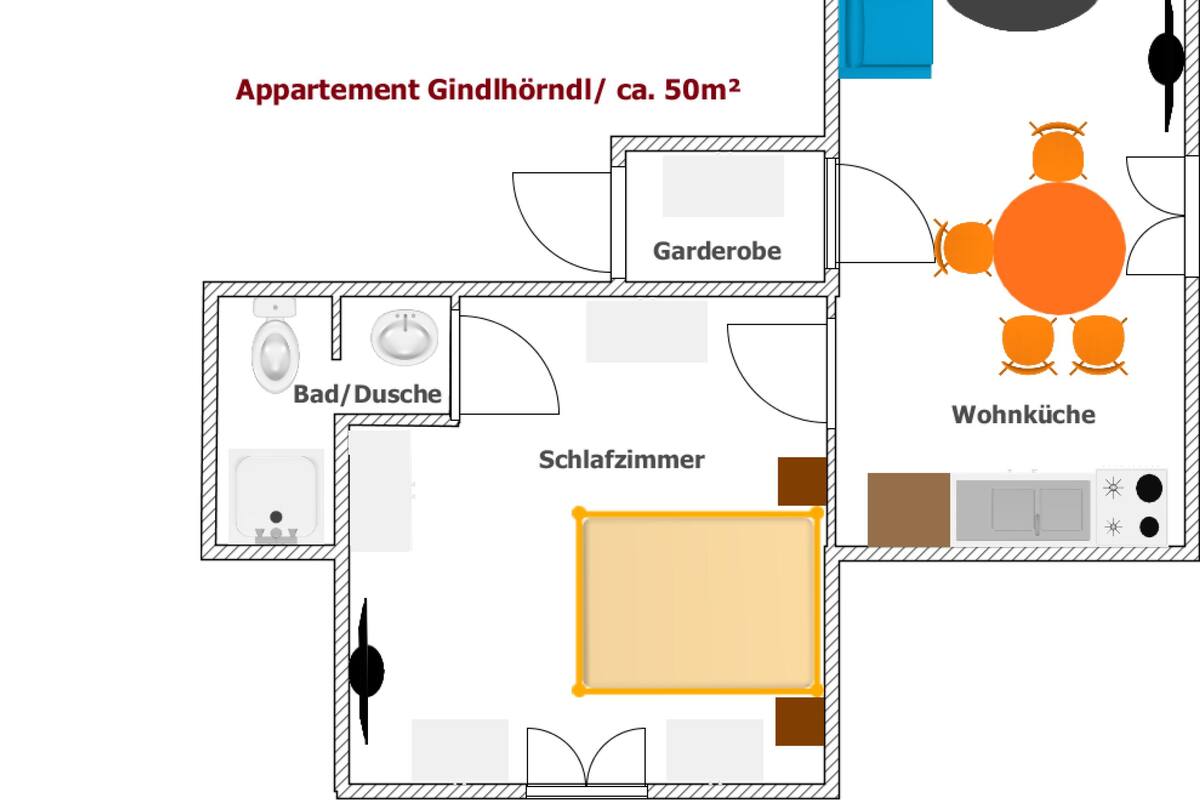 Planta baixa de um apartamento de 50m² com sala de estar, cozinha, banheiro e um pequeno espaço de jardim.
