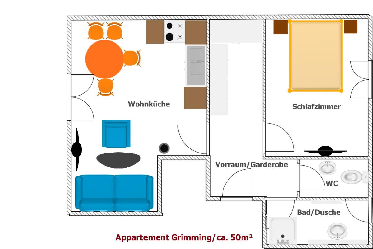 Planta baixa de um apartamento de 50m², com sala de estar, cozinha, quarto, banheiro e uma pequena varanda.