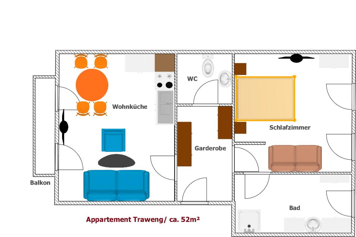 Planta baixa de um apartamento com varanda, sala de estar, cozinha, banheiro, quarto e um pequeno banheiro.
