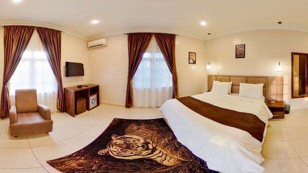 Quarto de hotel com cama, cadeira, escrivaninha, televisão e cortinas.