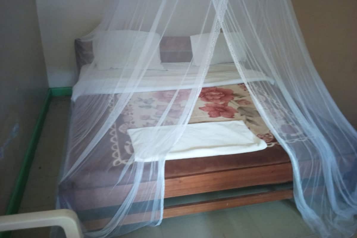 Uma cama de solteiro com mosquiteiro, uma colcha florida e cabeceira de madeira.