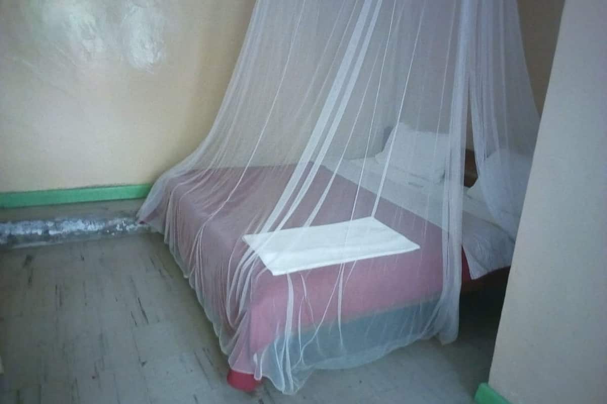 Uma cama de solteiro com mosquiteiro, uma mesinha de cabeceira e uma parede sem decoração.