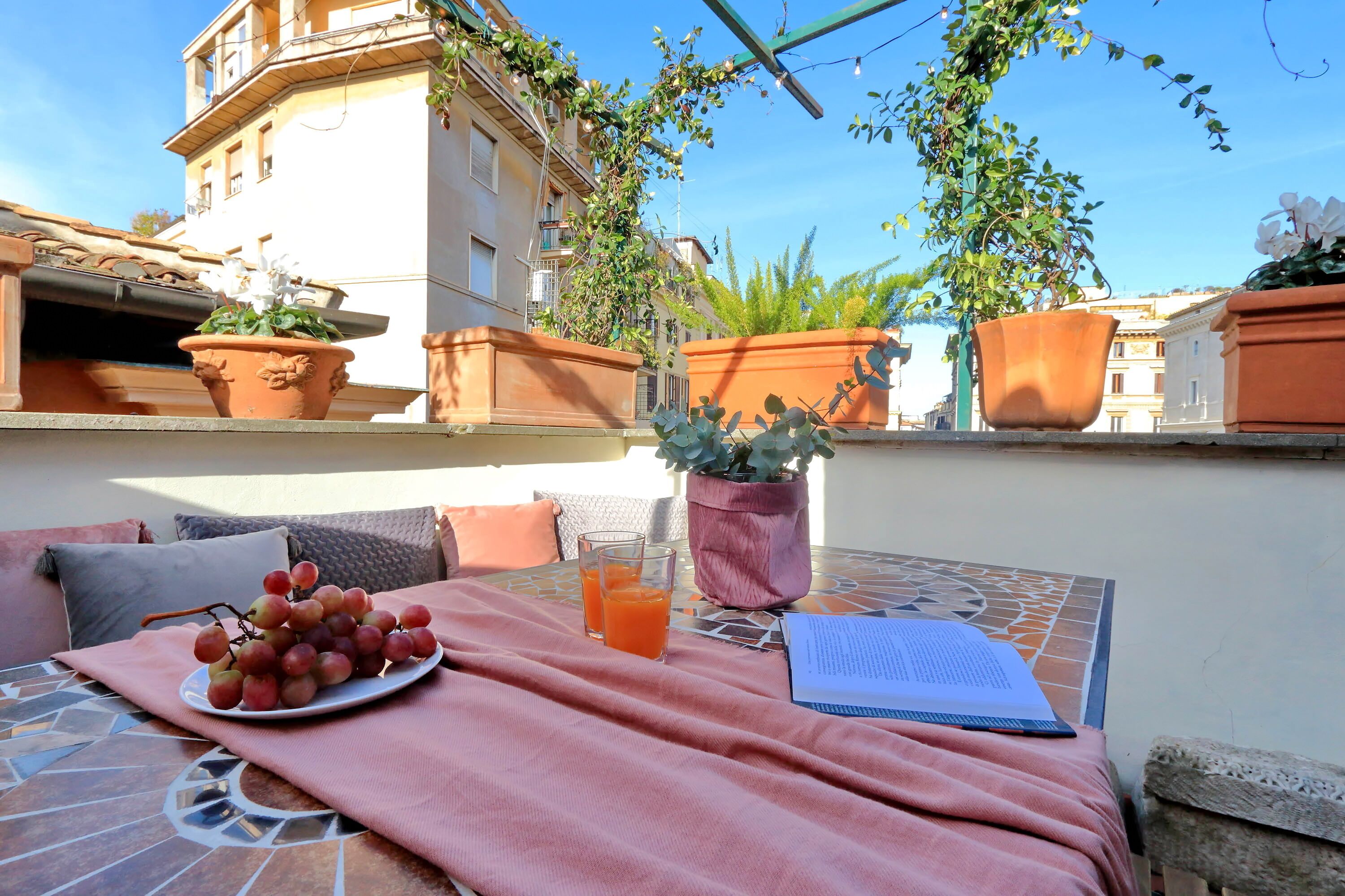 Uma mesa com um prato de uvas, dois copos de suco de laranja, um caderno e um pano cor-de-rosa.