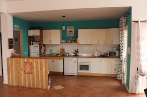 Um frigorífico/congelador grande, um forno, uma placa de cozinha