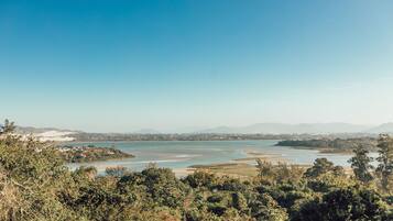 Paisagem costeira com rio, árvores e montanhas ao longe.