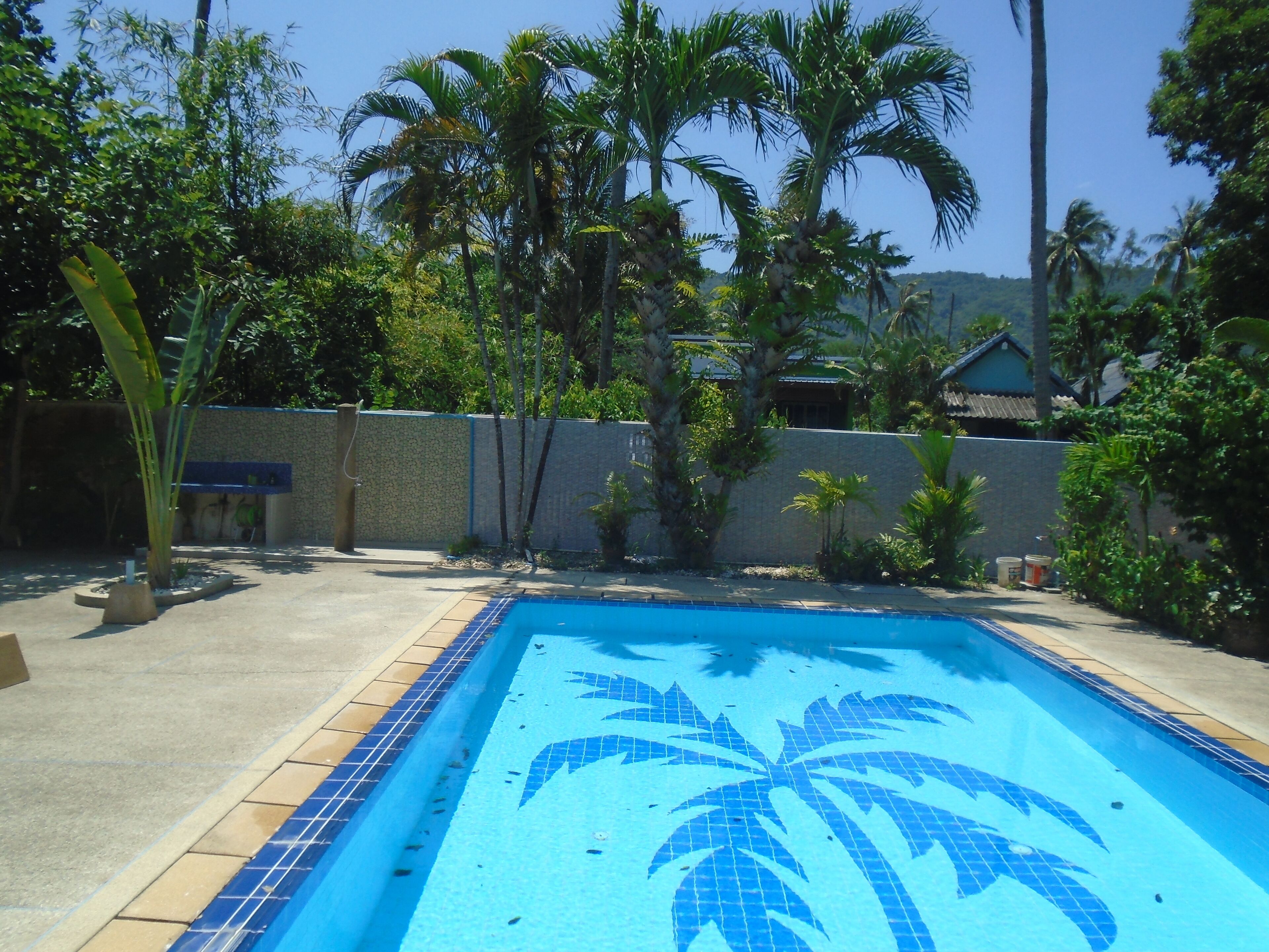 Uma piscina com design de palmeira, rodeada por palmeiras e um muro de pedra.