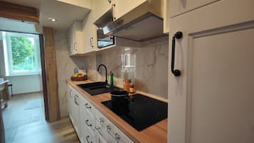 Unique Rustic Apartment | Cozinha privada | Micro-ondas, produtos de limpeza