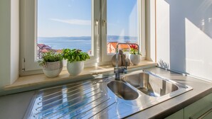 Cozinha com pia de aço inoxidável, duas plantas em vasos e vista para o mar pela janela.