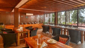 Um restaurante com mobiliário de madeira, janelas amplas e vista para árvores.