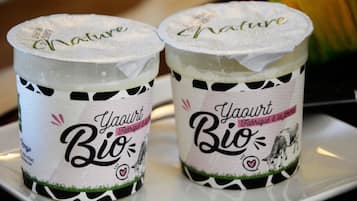 Dois potes de 'Yogurt Bio' sobre um prato branco.