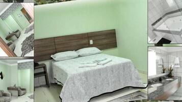 Quarto com cama, mesas de cabeceira, tapete estampado em padrão de zebra, parede verde e banheiro com pia e espelho.